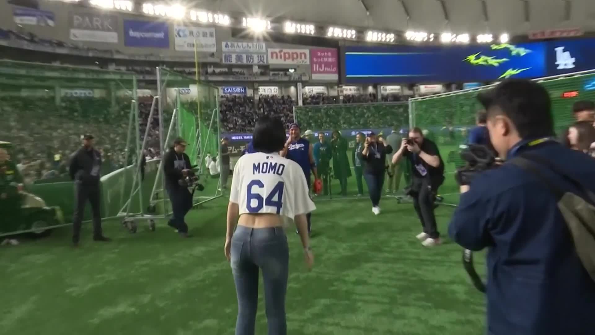 Members of K-Pop group MISAMO join Dodgers on field, throw first pitch ...