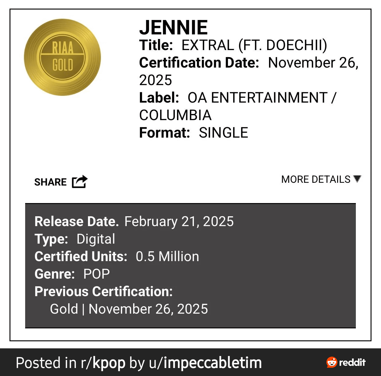 251130 JENNIE, Doechii - ExtraL is now RIAA certified Gold! - KPOP NSFW